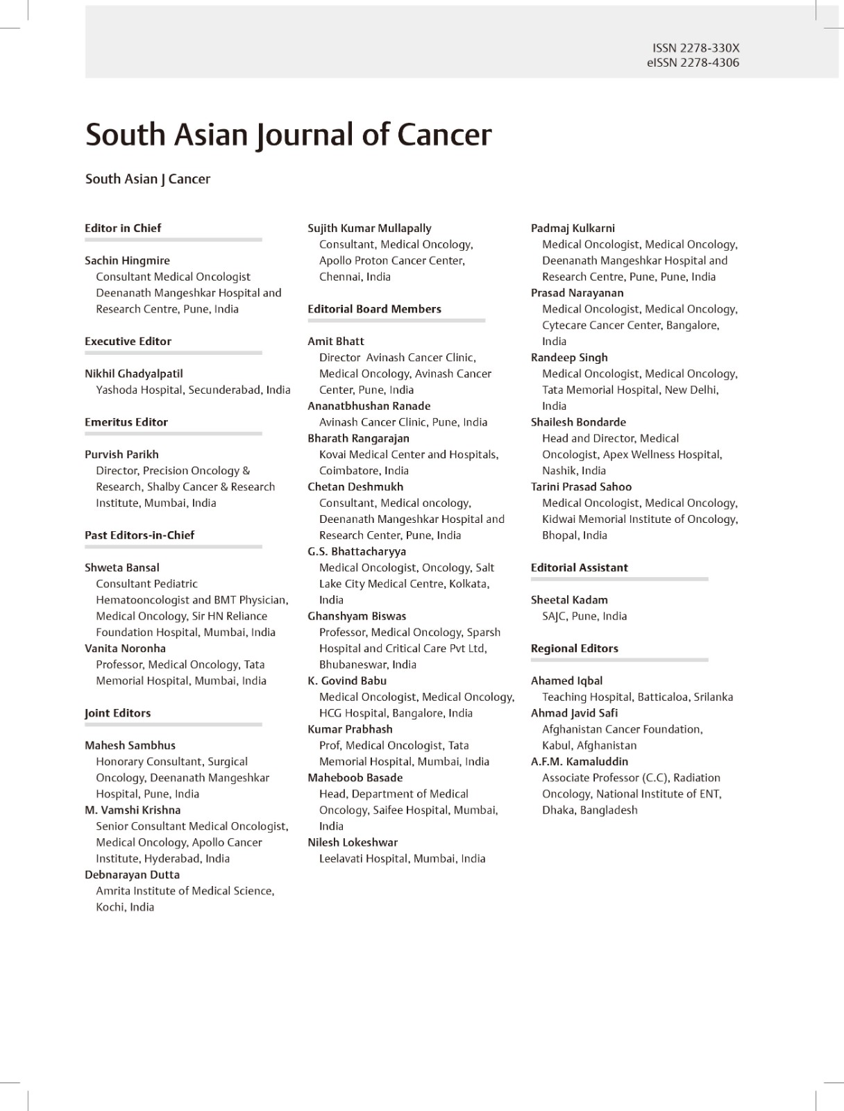 South Asian Journal of Cancer - Thieme Publisher China